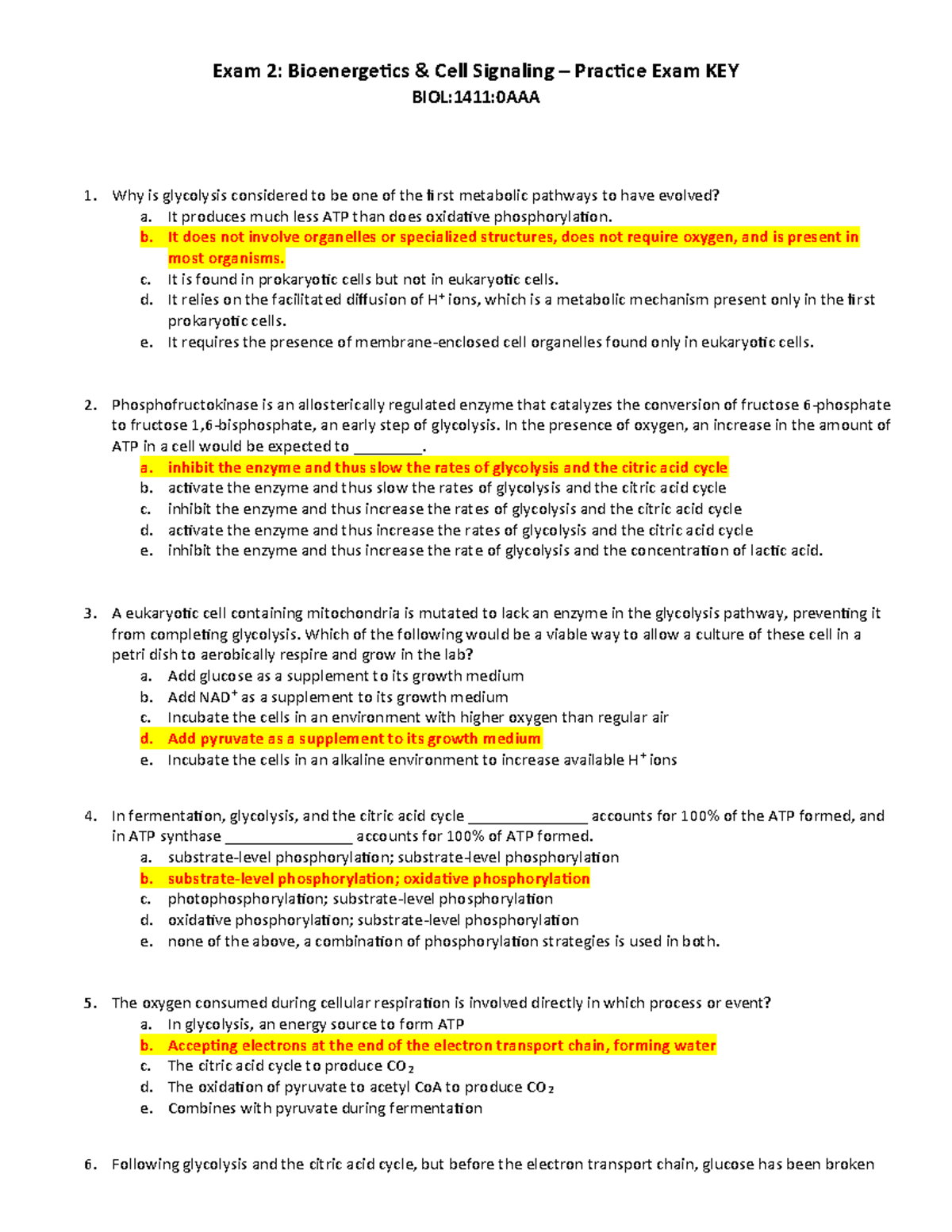 Practice Exam 2 KEY: Bioenergetics & Cell Signaling Insights - Studocu
