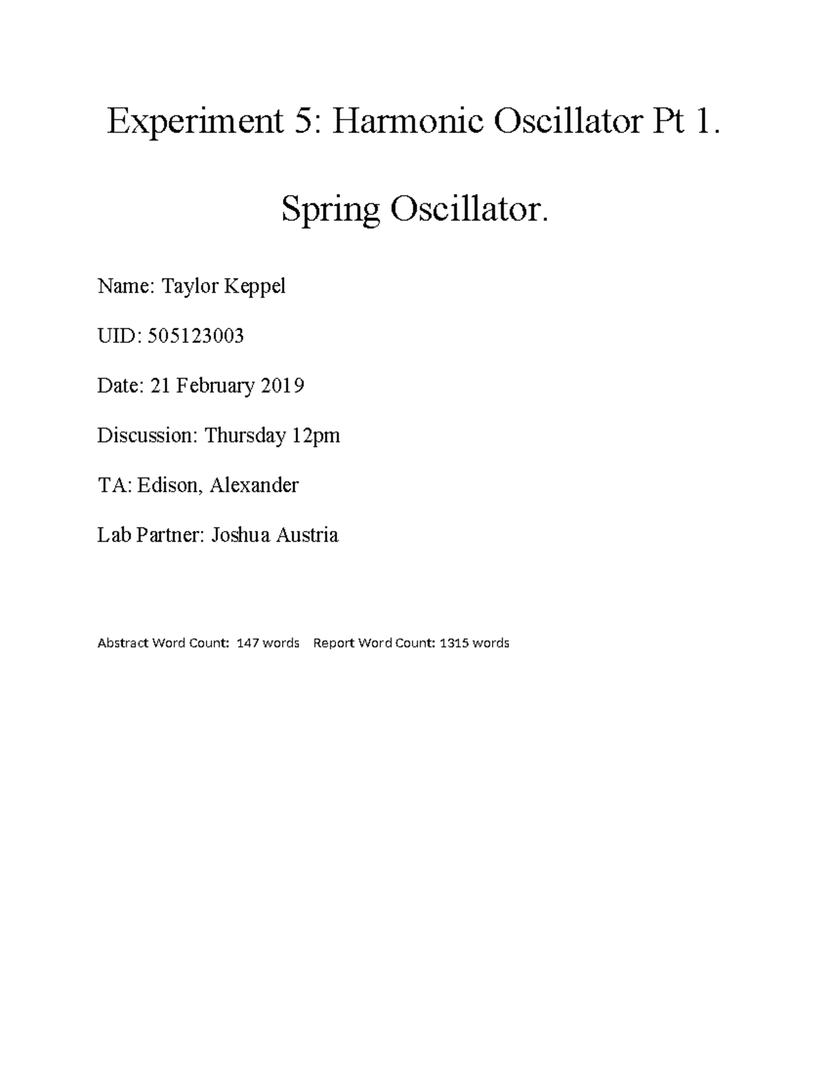 Experiment 5: Harmonic Oscillator Analysis in Physics 4AL - Studocu
