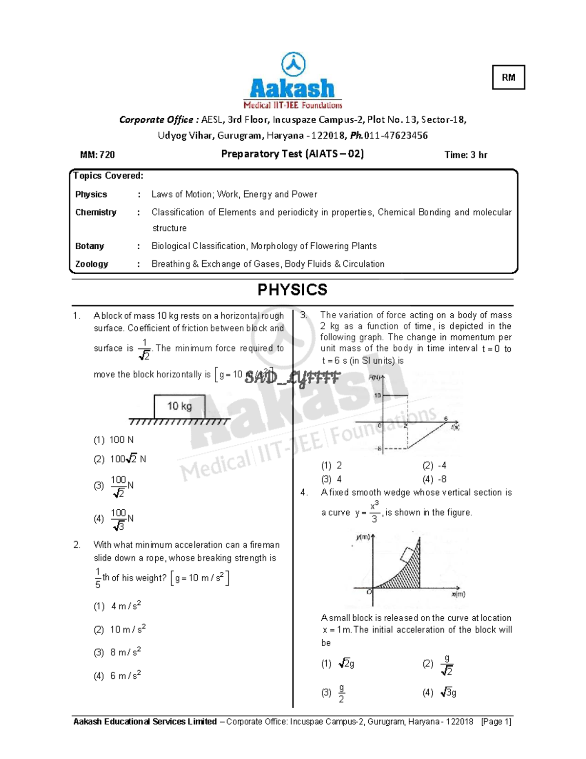 RM Aiats Preparatory Test (AIATS-02) Question Paper: Physics, Chemistry ...