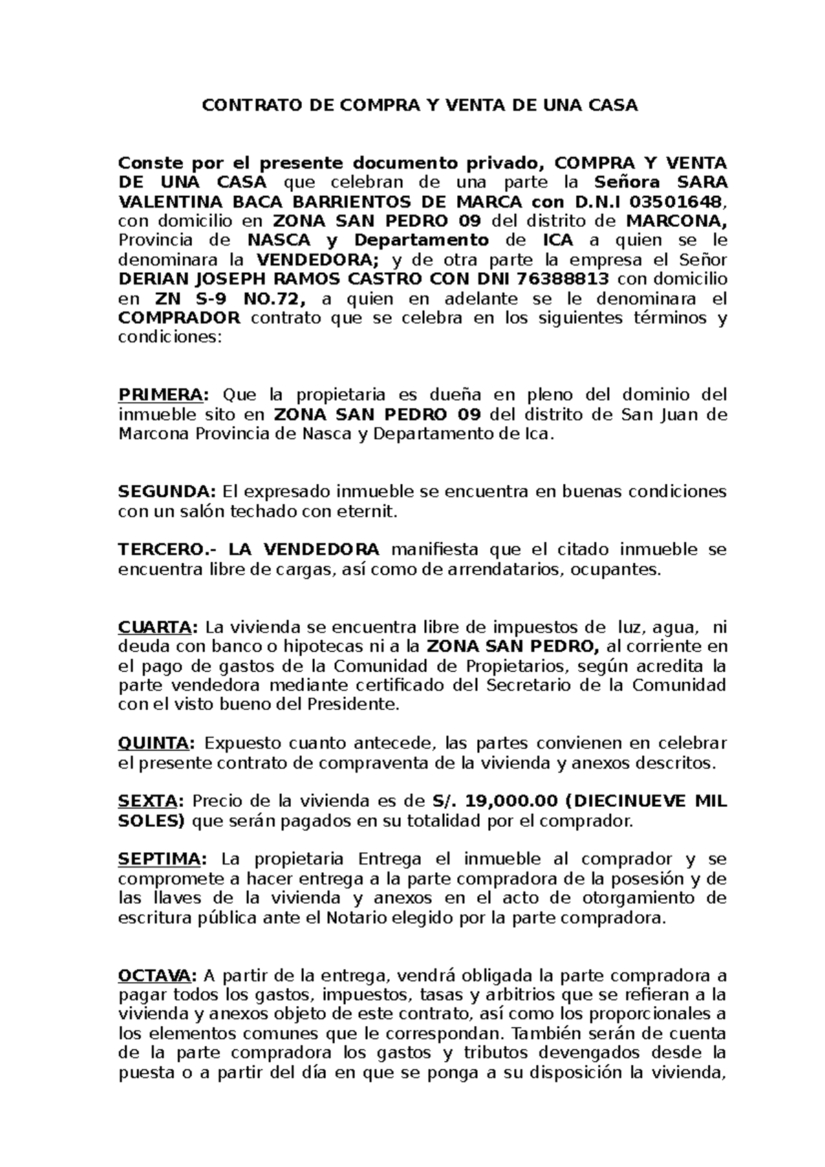 Contrato DE Compra Y Venta DE UNA CASA - CONTRATO DE COMPRA Y VENTA DE ...
