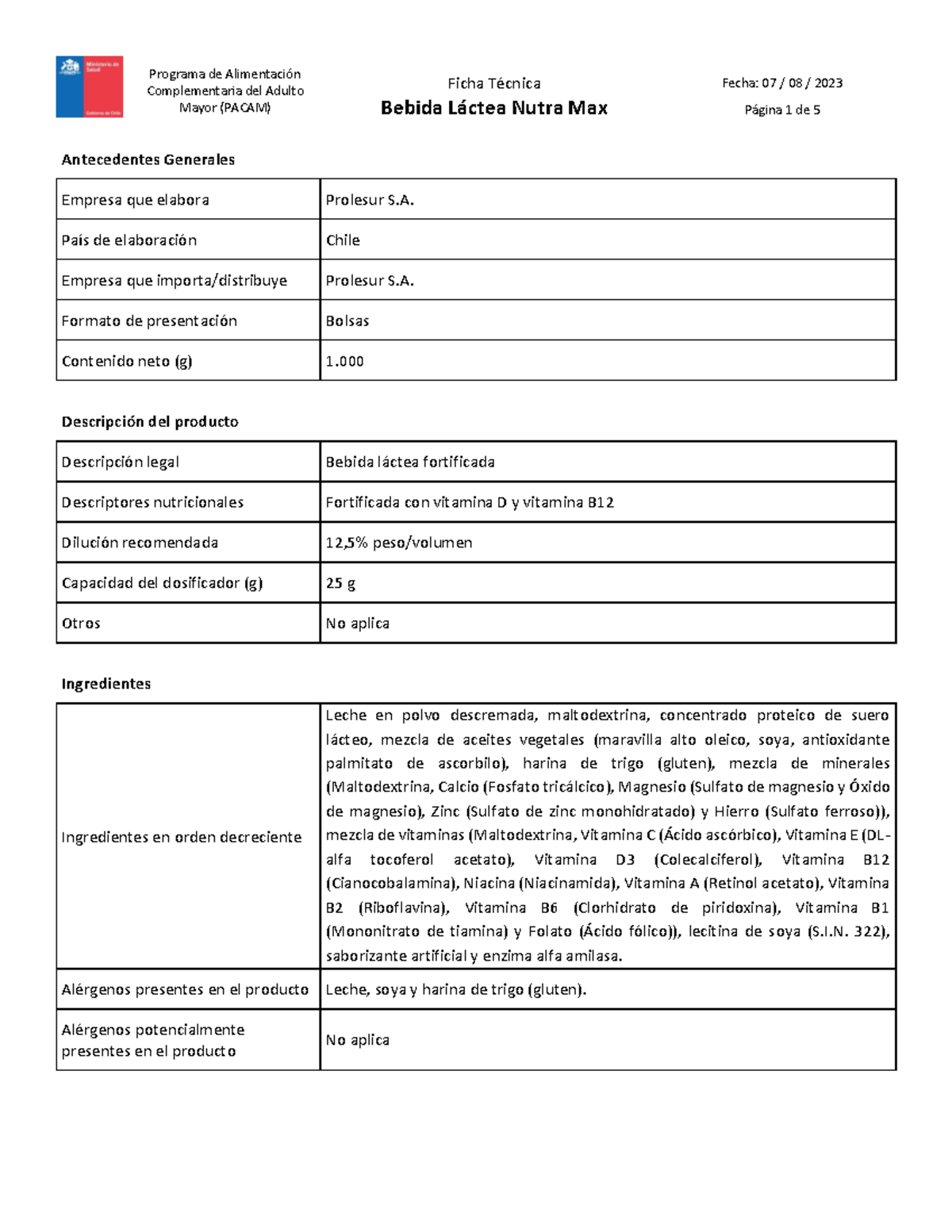 Ficha Técnica de Bebida Láctea Nutra Max - PACAM 07/08/2023 - Studocu