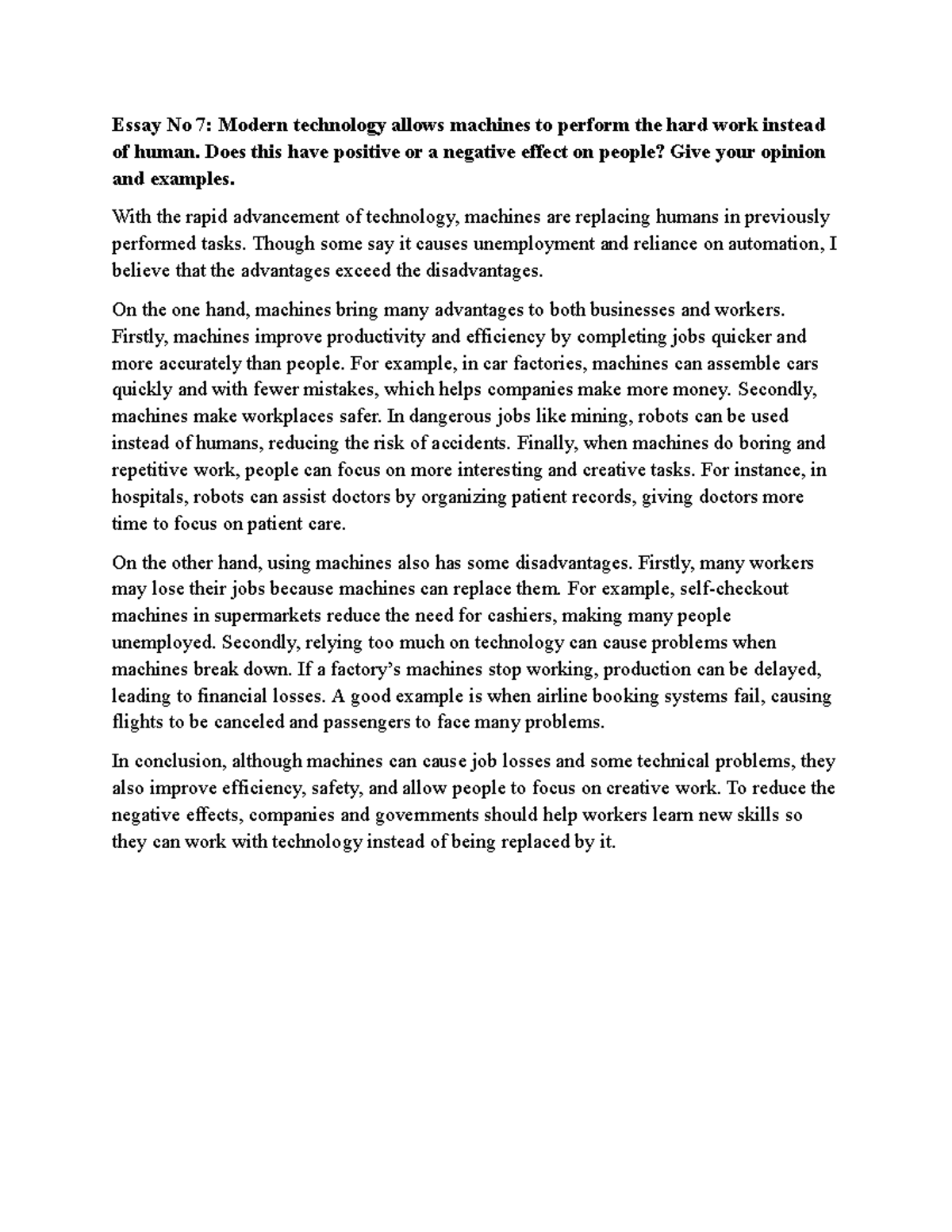 Essay No 7: The Impact of Modern Technology on Employment and Society ...