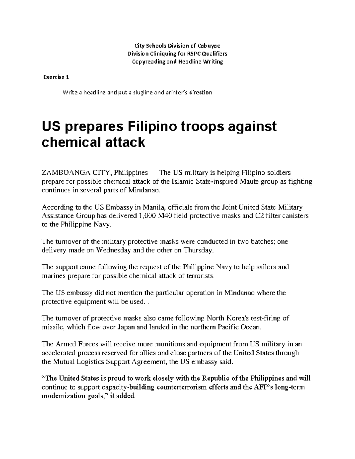 RSPC Qualifiers: Copyreading & Headline Writing Exercise 1 - Studocu