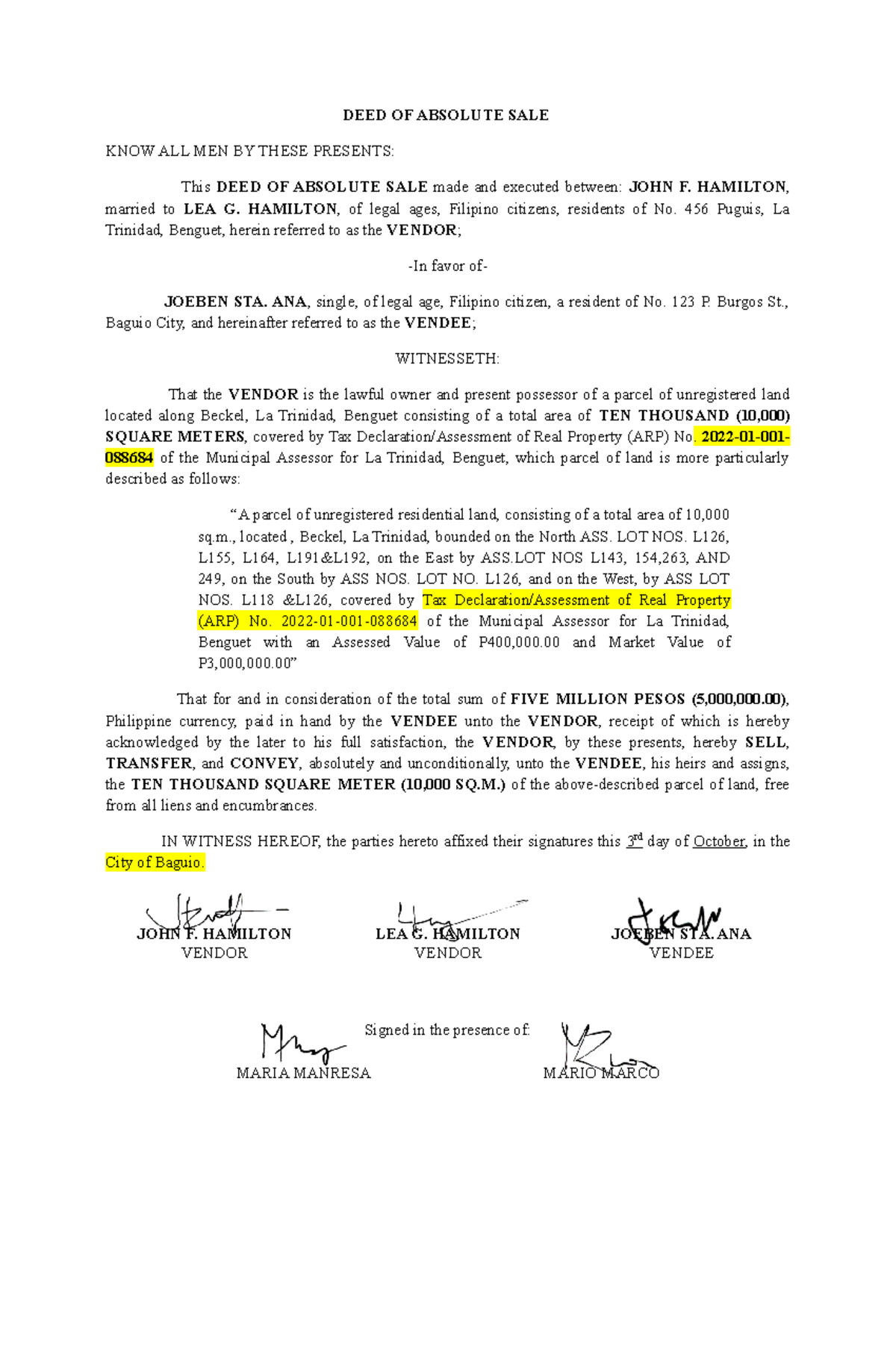 Deed of Absolute Sale - Sample Template for Real Estate Transactions ...