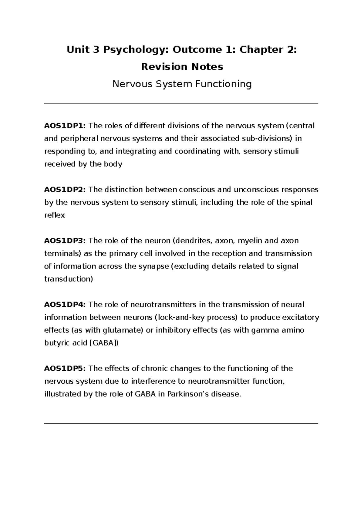 Unit 3 AOS 1 Nervous System Functioning Summary - Unit 3 Psychology ...