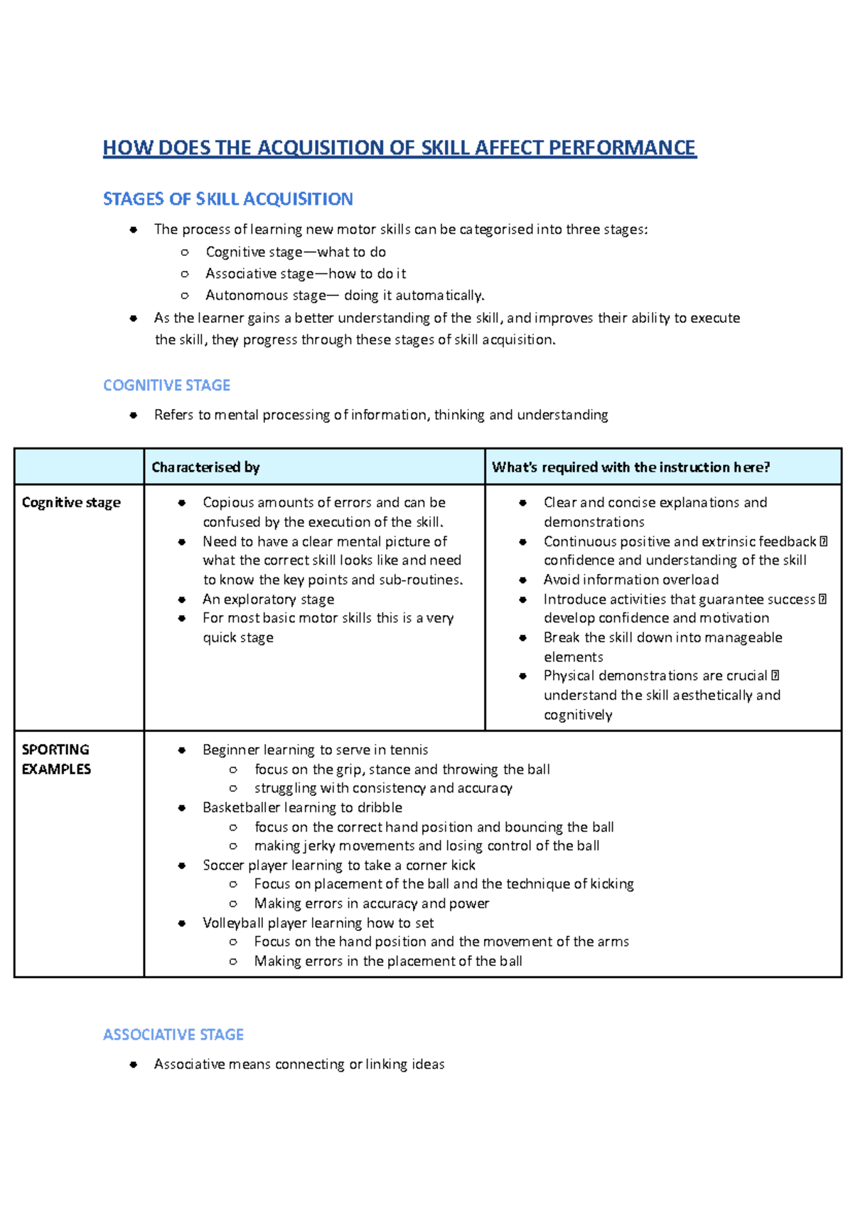 Stages of Skill Acquisition: Understanding Motor Skill Development - Studocu