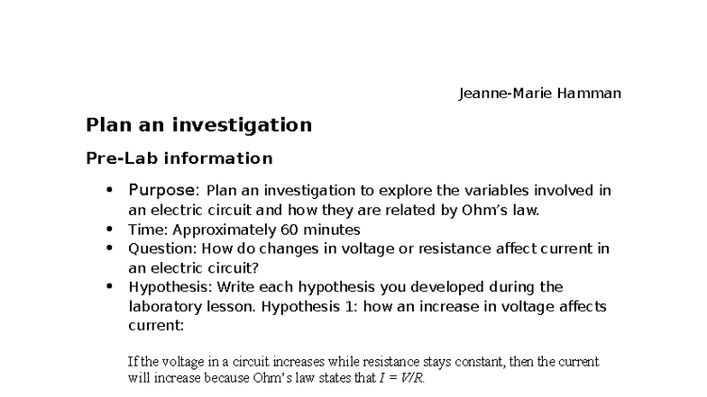 Plan an Investigation: Exploring Voltage & Resistance in Circuits - Studocu