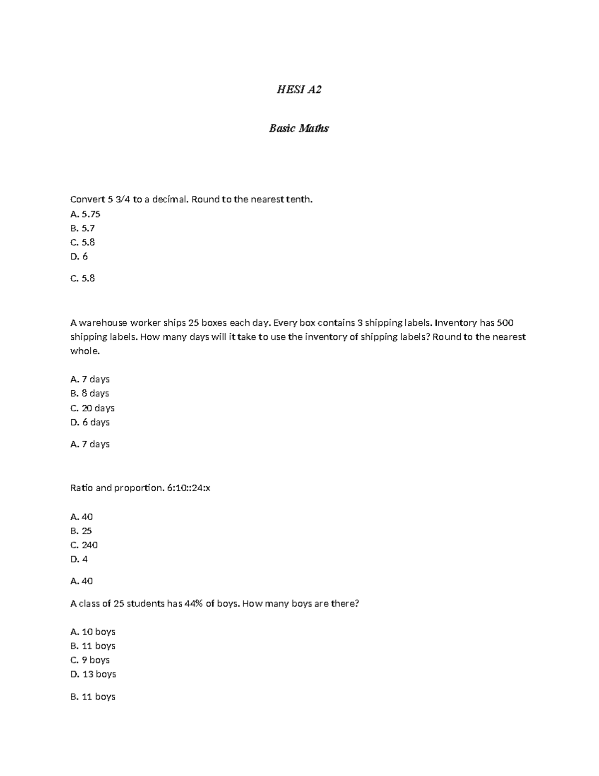 HESI A2 Basic Math Practice Questions for Nursing Students - Studocu