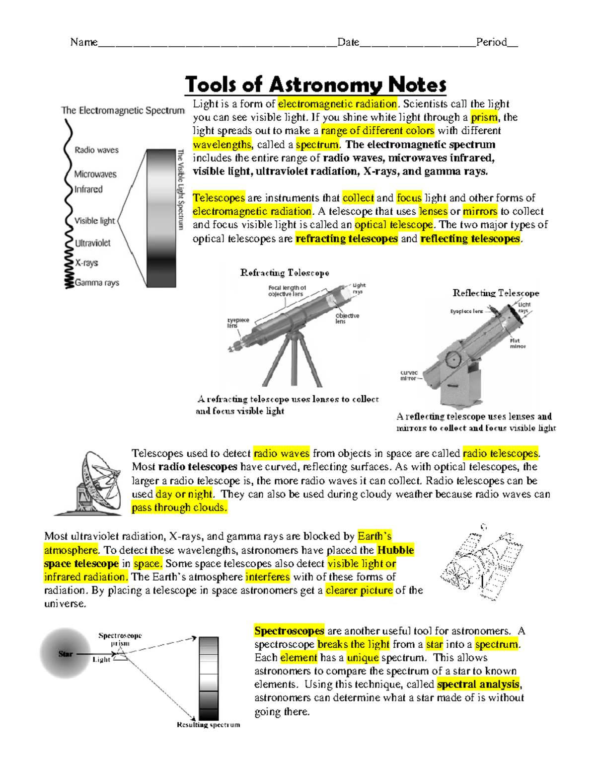 WS Parts of telescopes - Reading and Questions - Tools of Astronomy ...