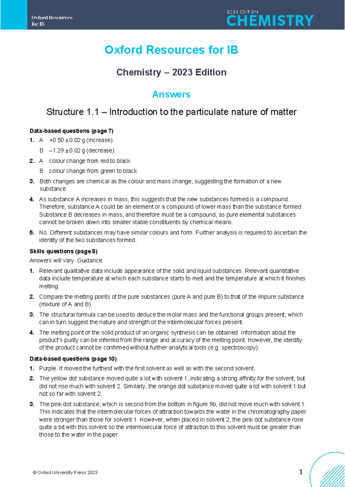 IB Chemistry 2023 Edition: Answers to Structure 1.1 & Skills Questions ...