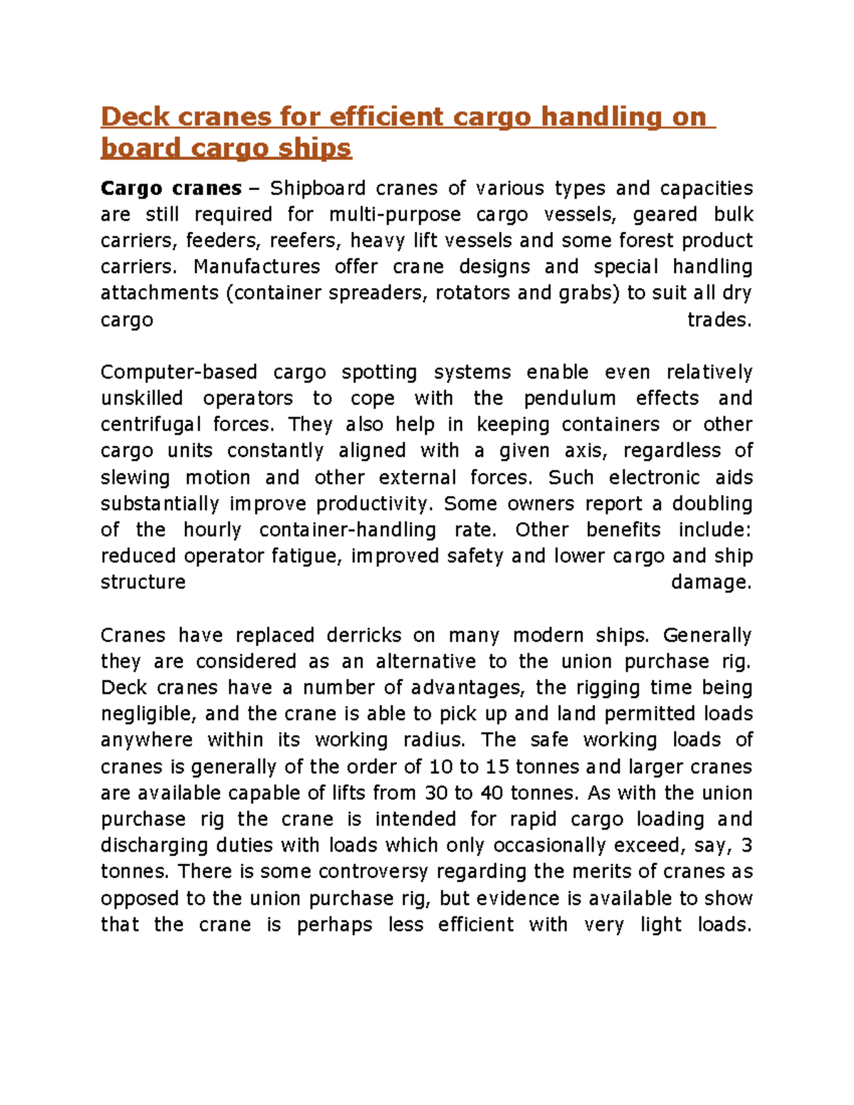 Deck Cranes for Efficient Cargo Handling on Ships: A Study (ENG 101 ...