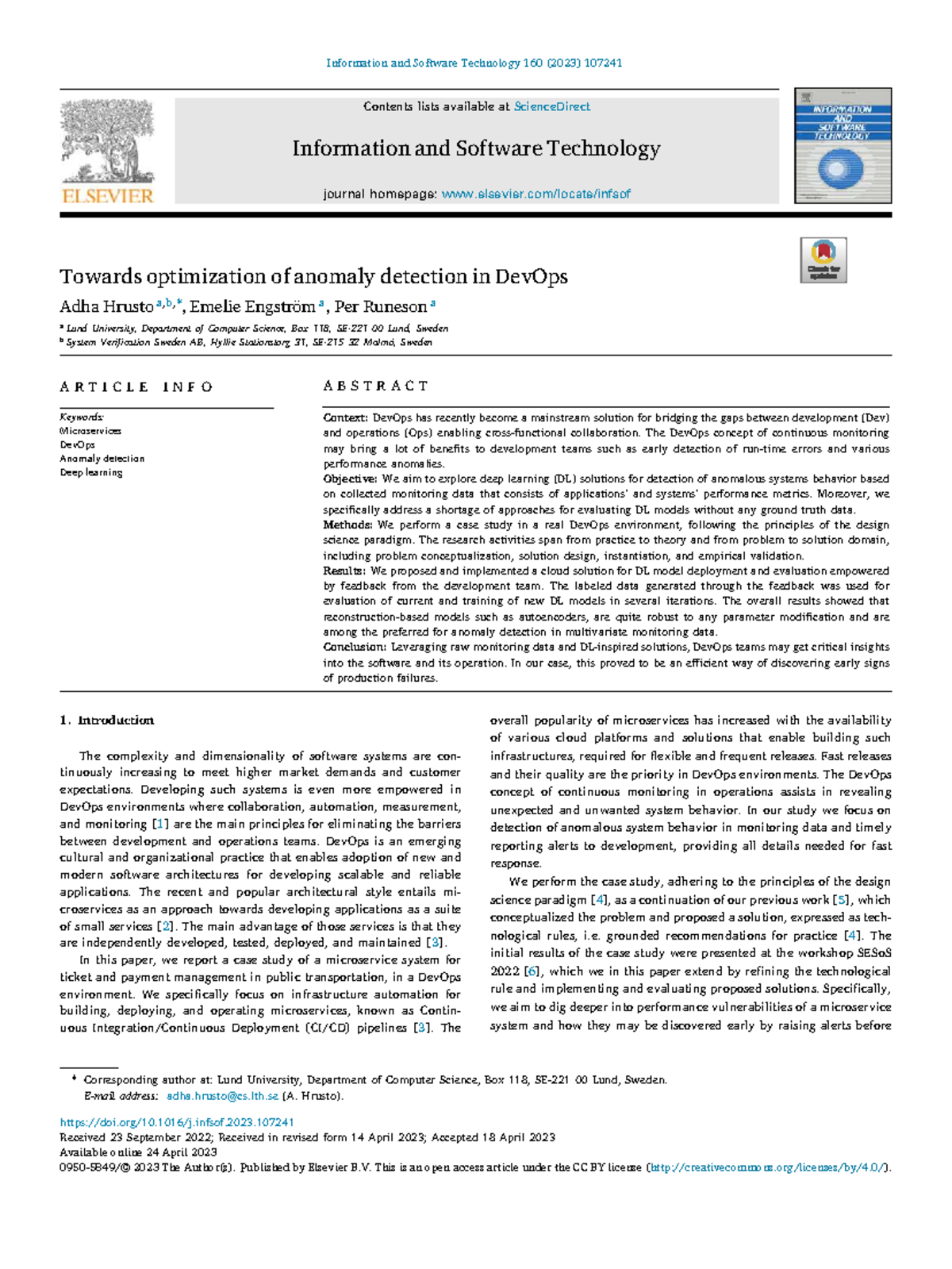 Optimizing Anomaly Detection in DevOps: A Deep Learning Approach (INFO 160) - Studocu