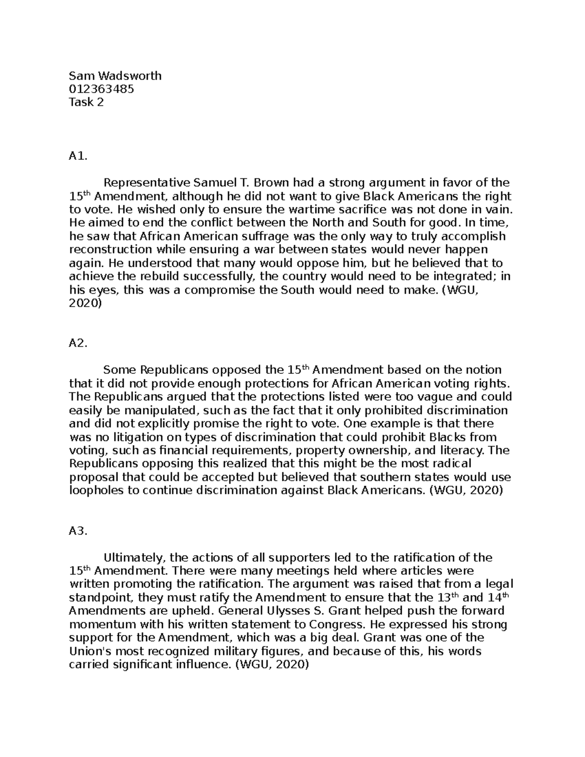 US History D267: Task 2 - The 15th & 19th Amendments Analysis - Studocu