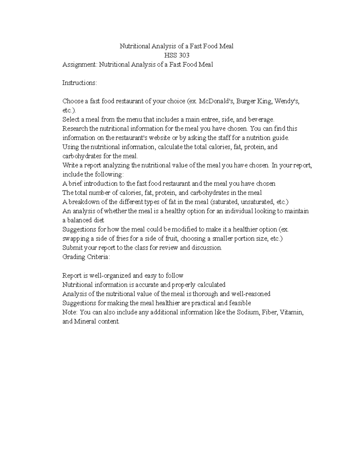 Nutritional Analysis of a Fast Food Meal-Directions and My Submission ...