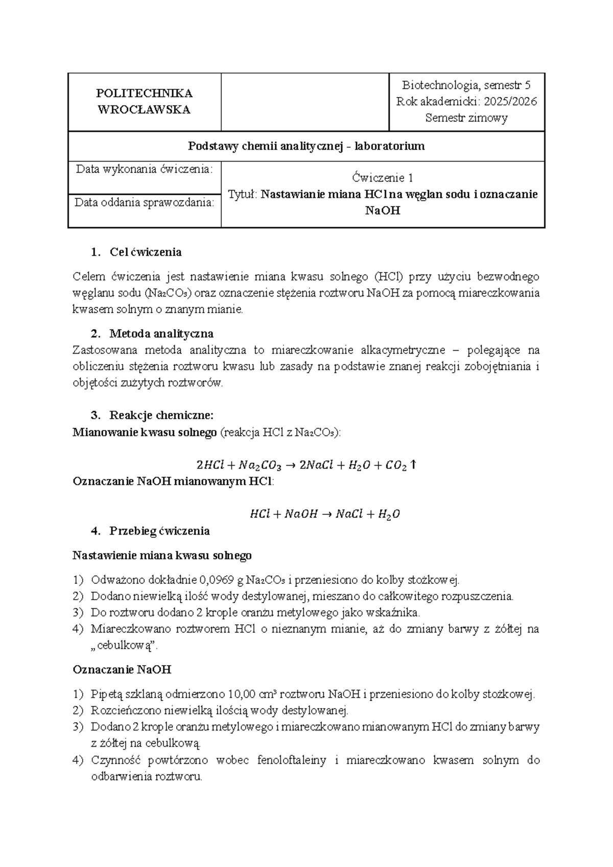 Sprawozdanie z laboratorium: HCl i NaOH - Biotechnologia 5 semestr ...