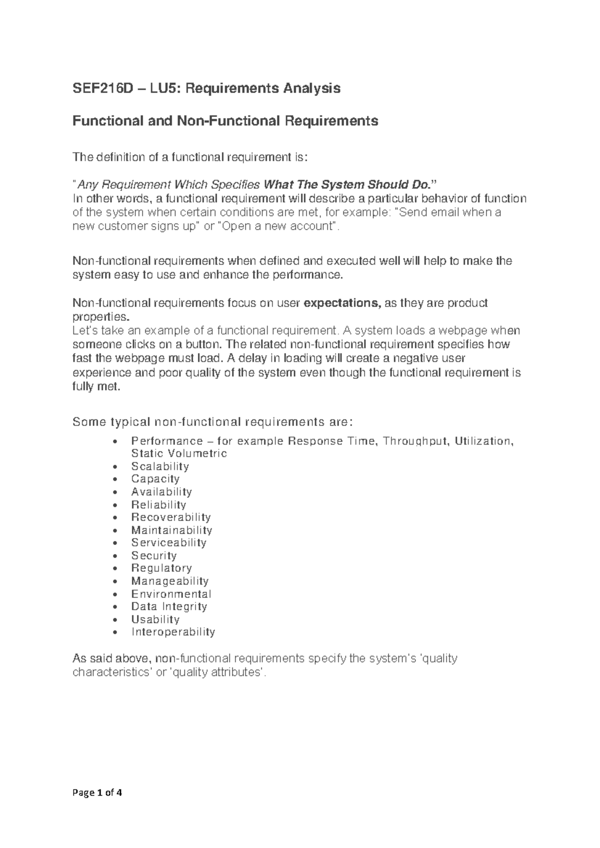 SEF216D LU5: Functional vs Non-Functional Requirements Analysis - Studocu