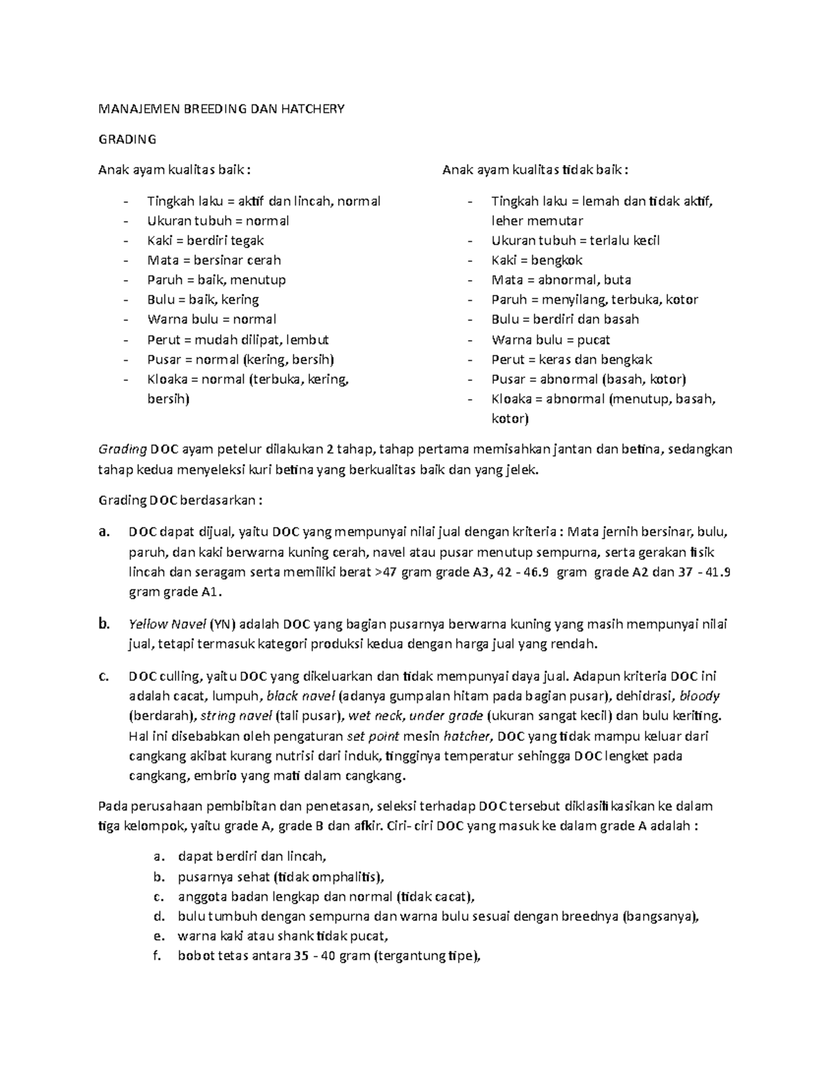 Manajemen Breeding dan Hatchery: Proses Grading DOC Ayam - Studocu