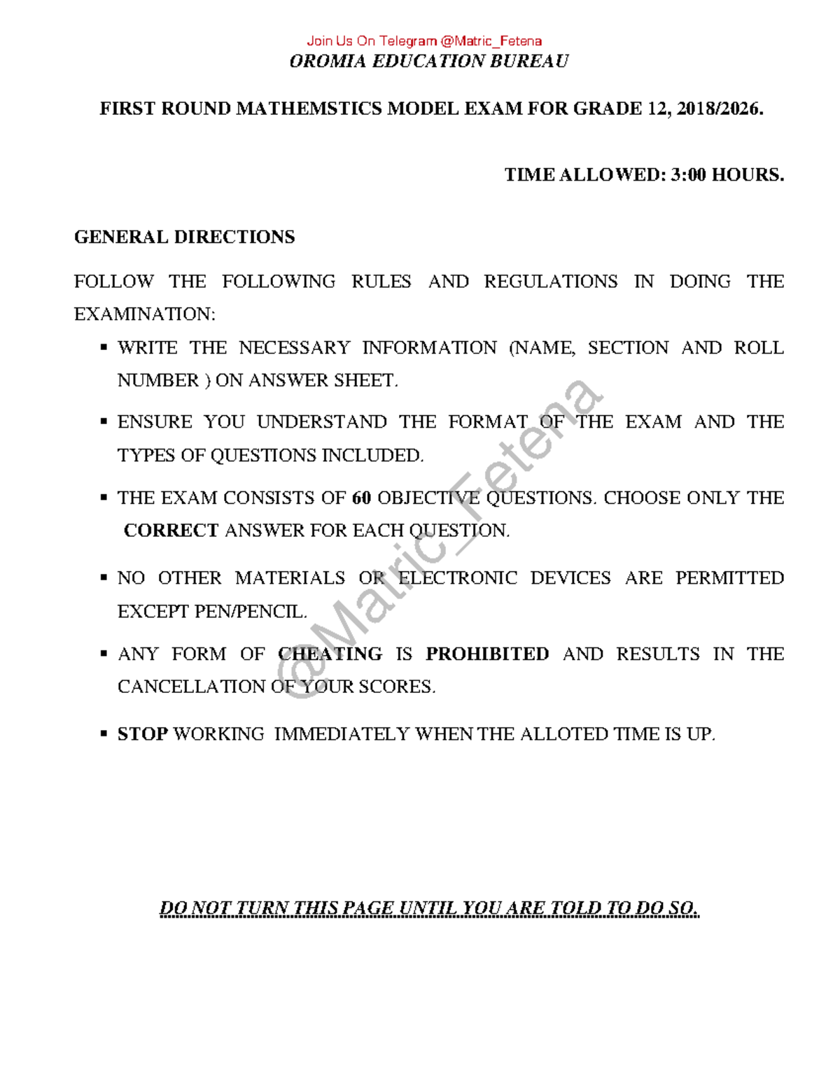Grade 12 Mathematics Model Exam - 1st Round @Matric Fetena - Studocu