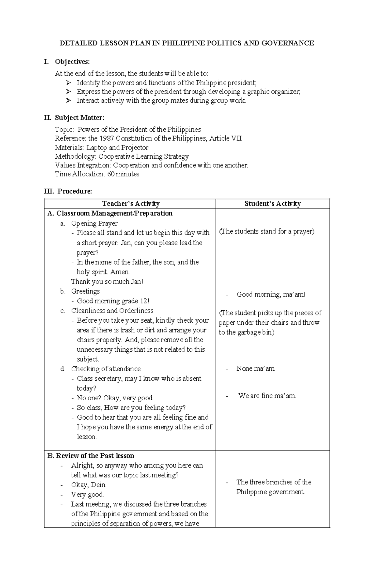 Detailed Lesson Plan: Powers of the President in Philippine Politics ...