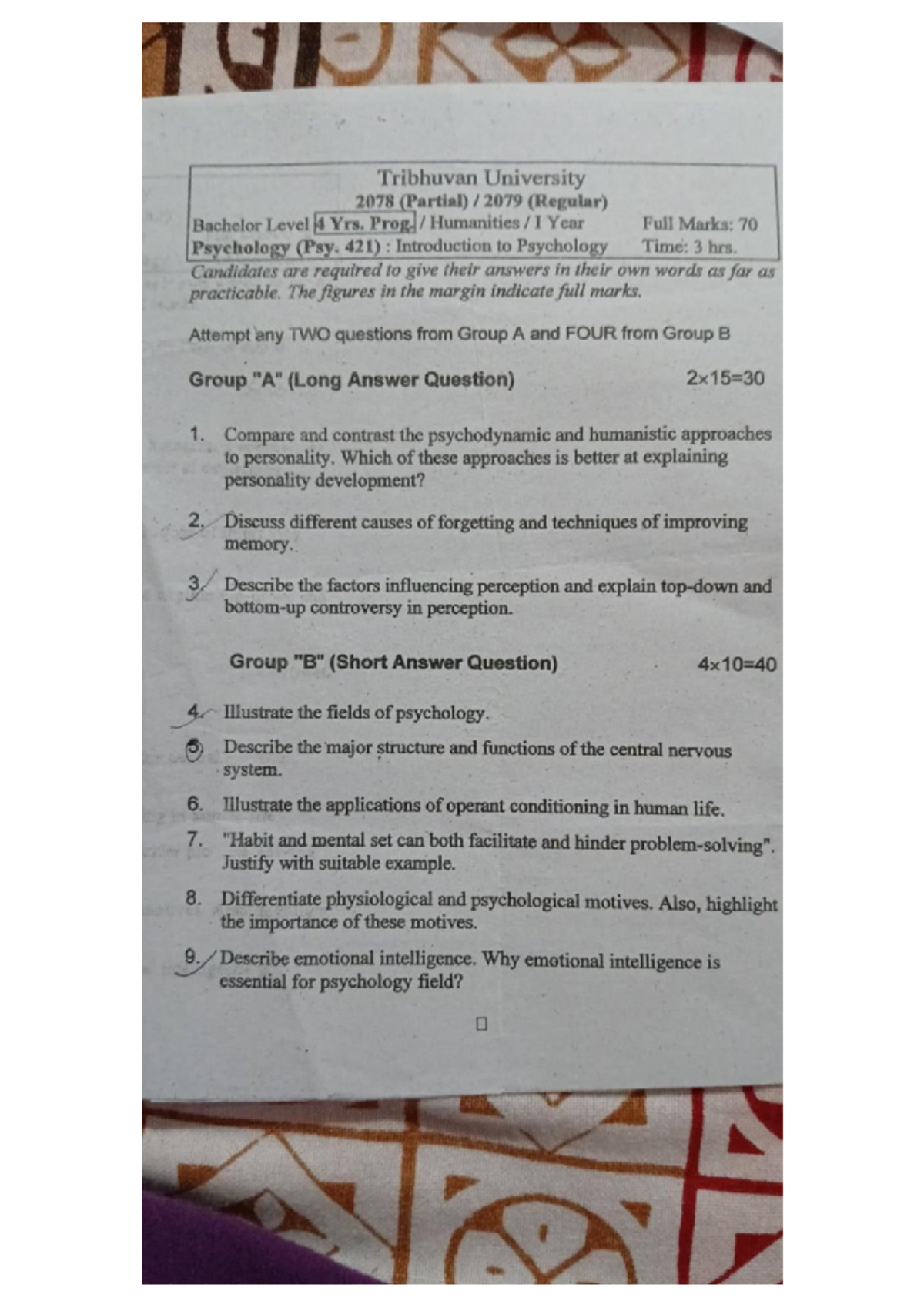 BA Psy. 421: Introduction to Psychology Question Paper 2078/79 - Studocu