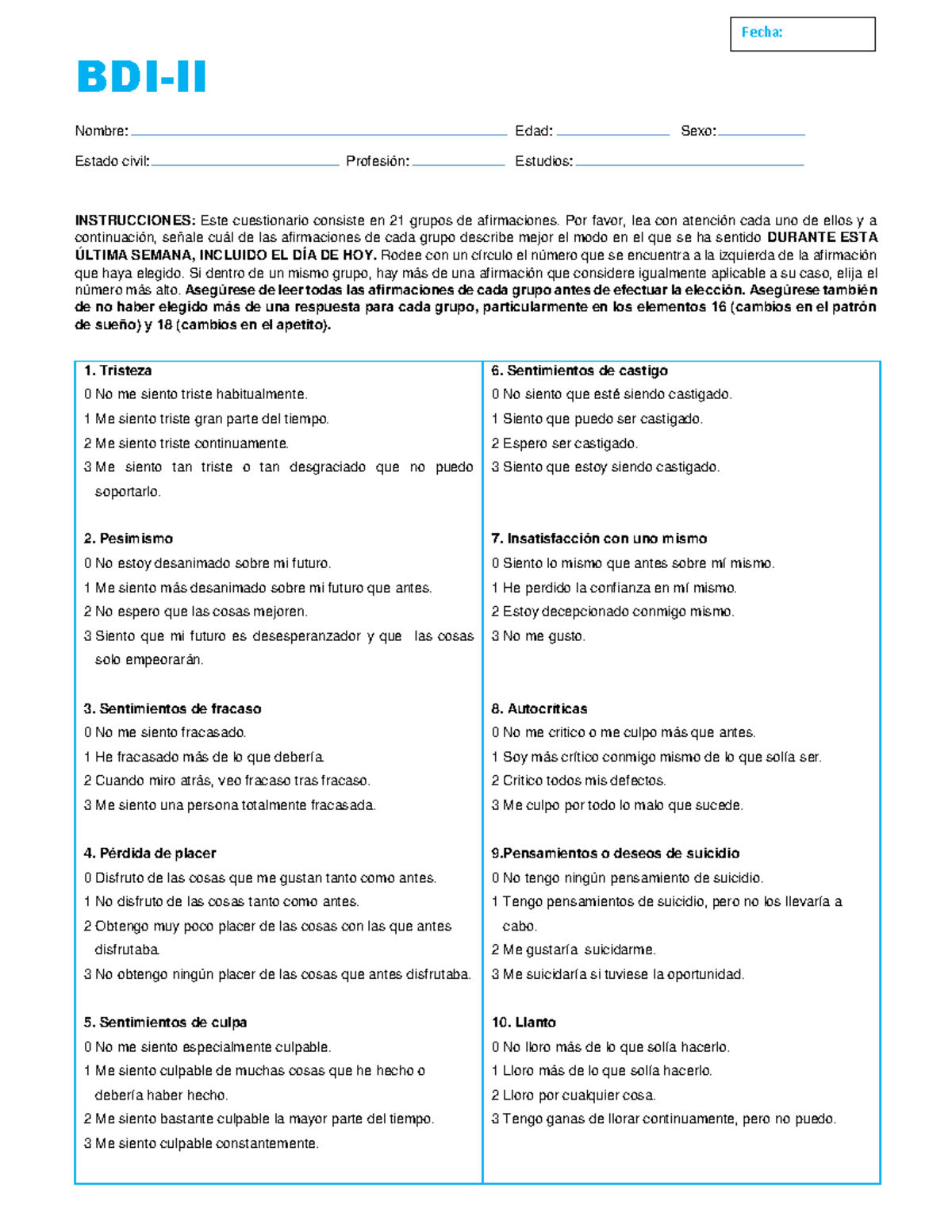 Cuestionario BDI-II: Evaluación de Depresión y Estado Emocional - Studocu