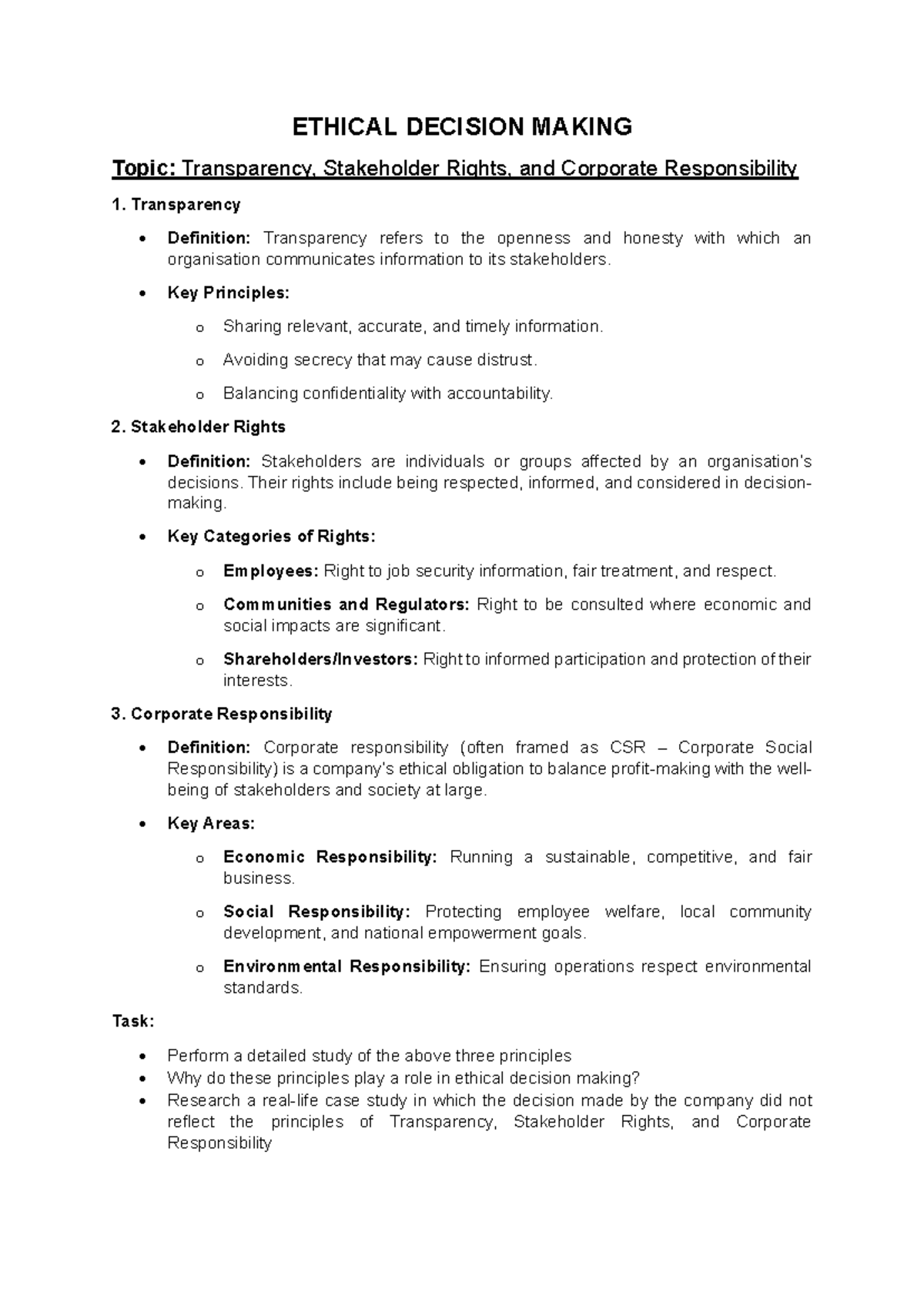 ETH 101: Ethical Decision Making - Transparency, Rights & CSR Study ...
