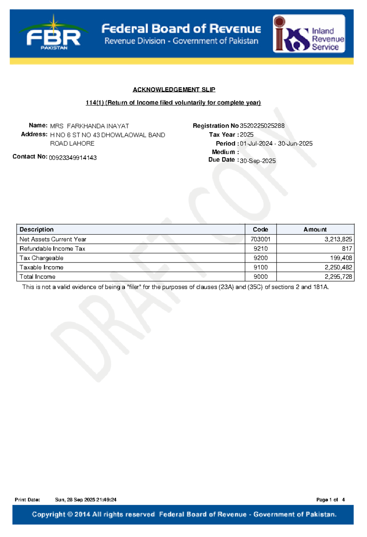 Return of Income Acknowledgement Slip 114(1) for 2025 - Studocu
