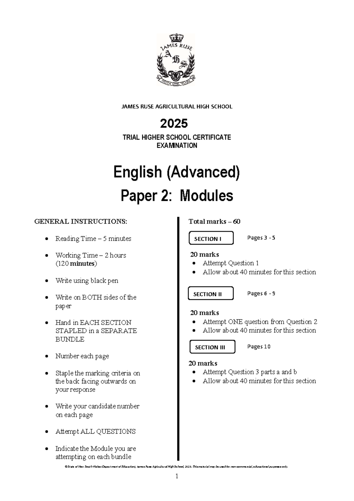 James Ruse Agricultural High School 2025 Trial HSC Exam: English ...