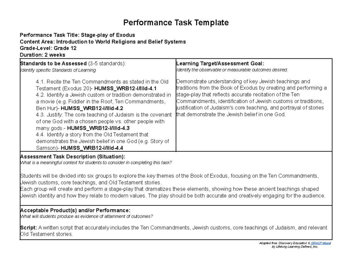 Stage-PLAY - performance task - Performance Task Title: Stage-play of ...