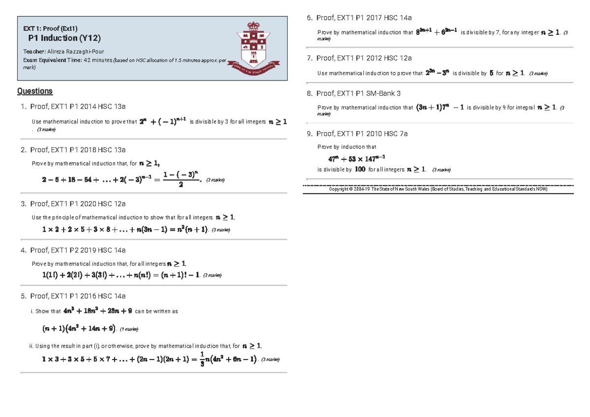 Ext 1 - Past HSC Questions - Mathematical Induction - 1. Proof, EXT1 P1 ...