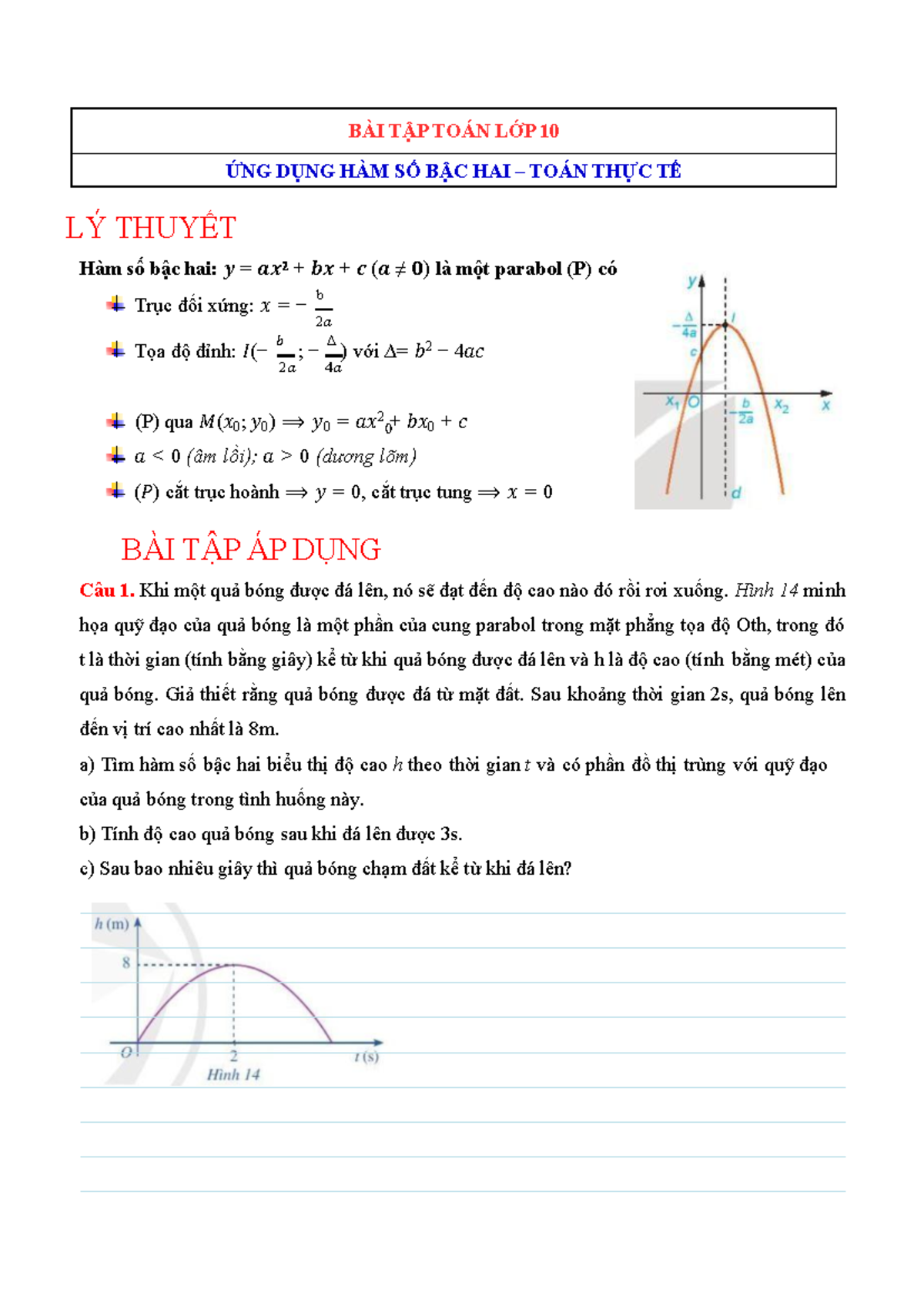 BÀI TẬP TOÁN LỚP 10: ỨNG DỤNG HÀM SỐ BẬC HAI THỰC TẾ - Studocu