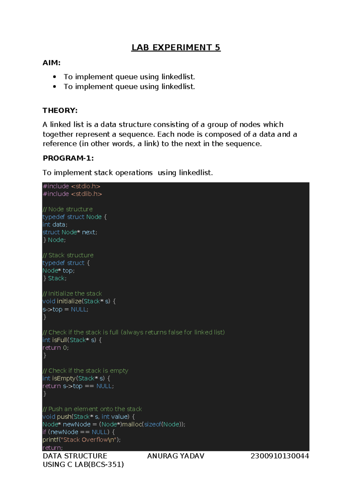 Lab 5 - Implementing Queue and Stack with Linked List - Studocu