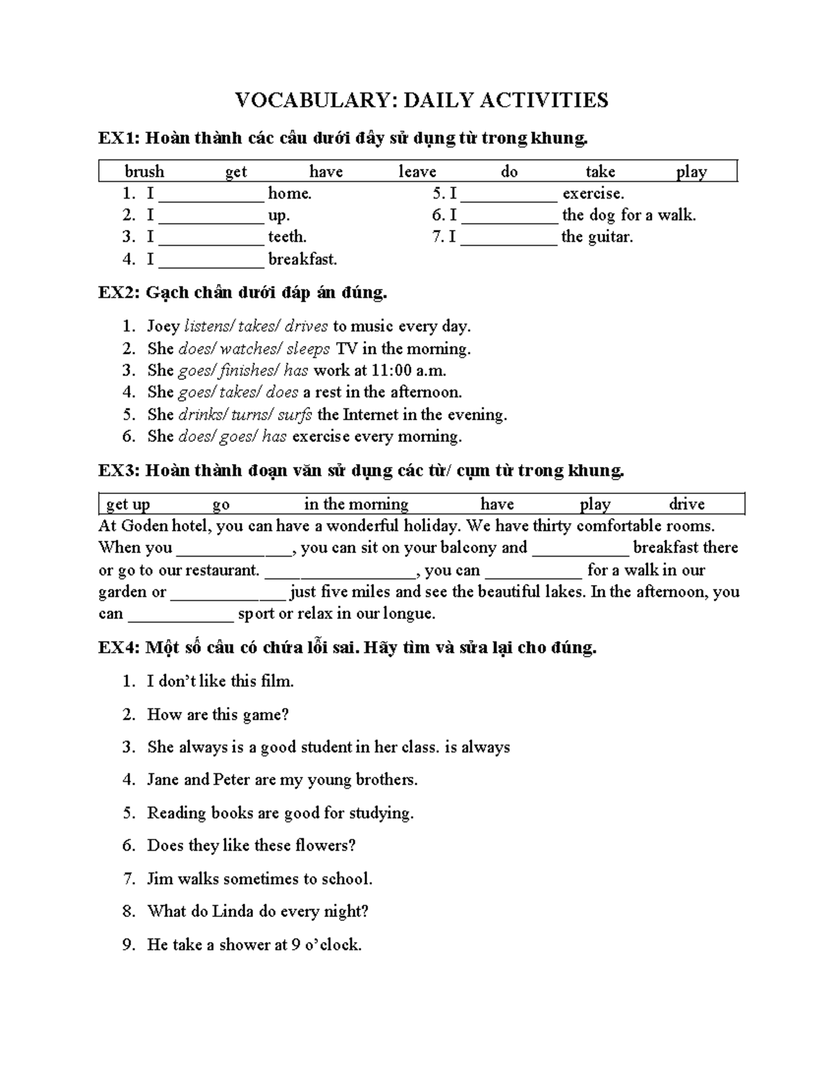 Daily Activities - Exercise (VOCABULARY) - Studocu