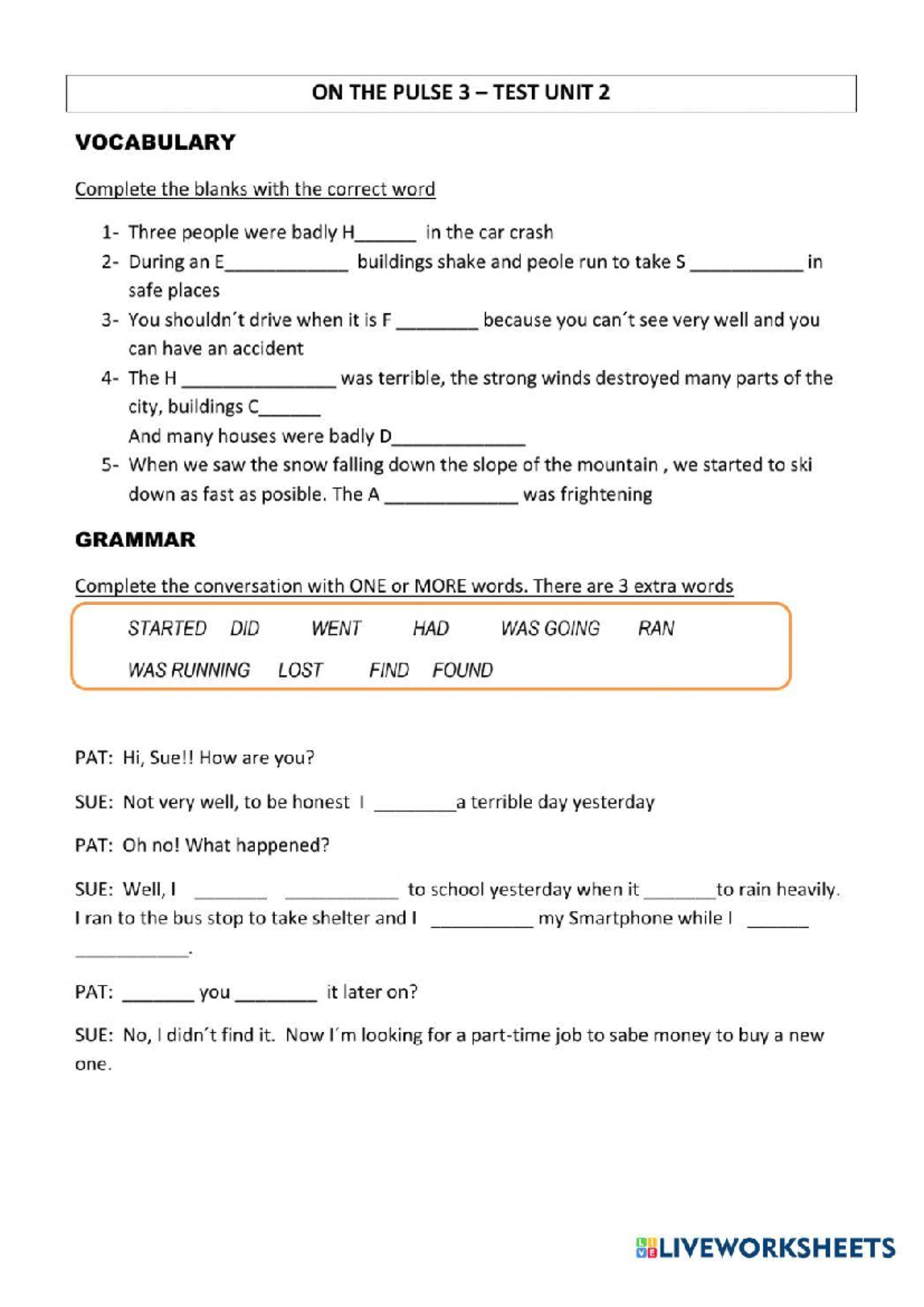 On the Pulse 3 Unit 2 Test: Vocabulary & Grammar Exercises - Studocu