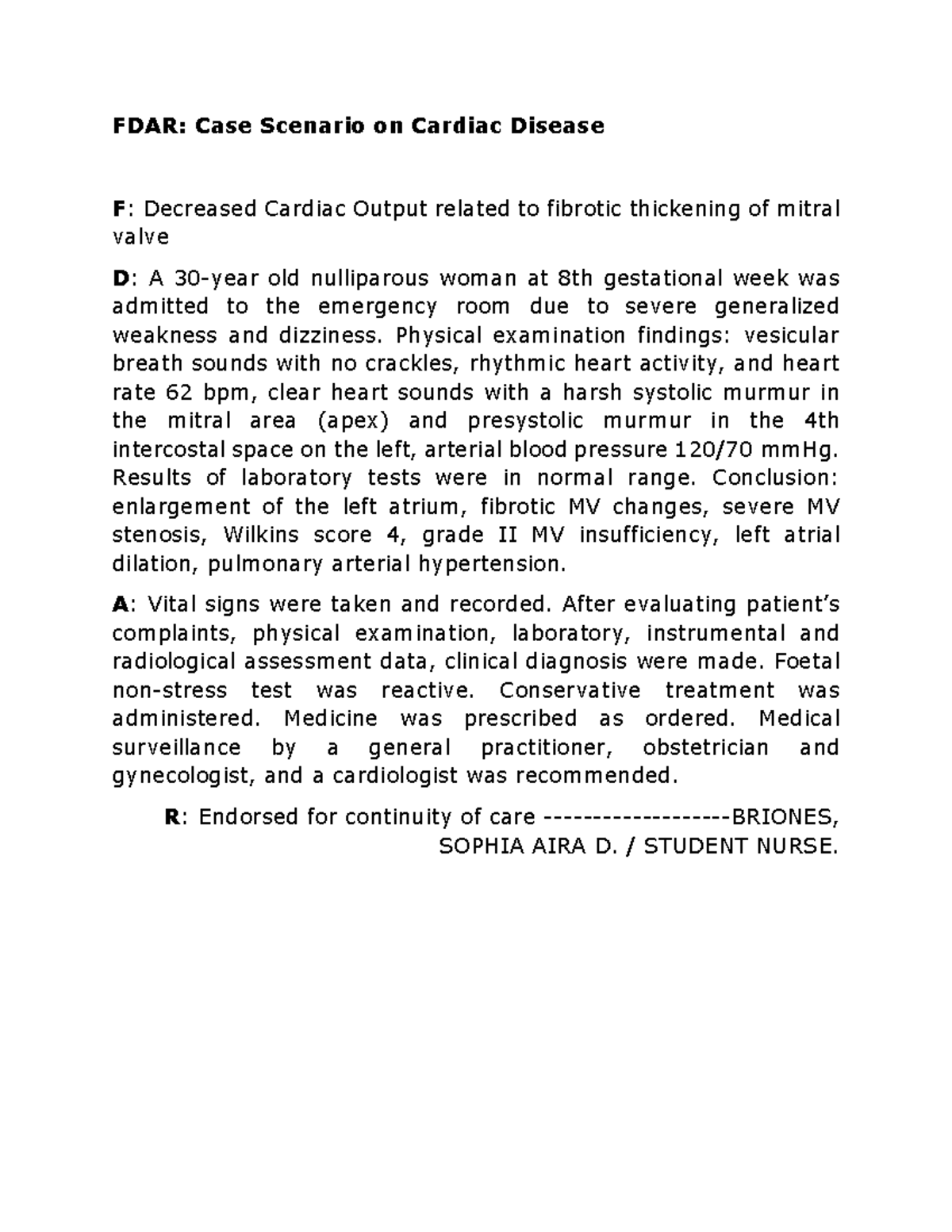 FDAR Case Study on Cardiac Disease Management and Intervention - Studocu