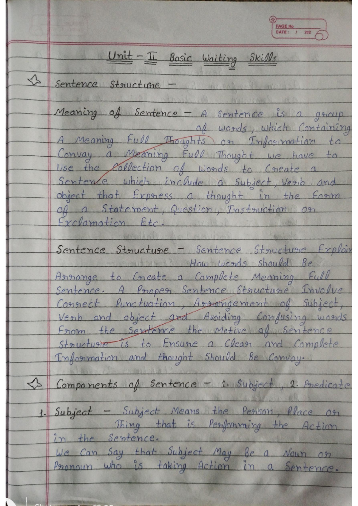 Unit II - Basic Waiting Skills: Sentence Structure & Components (BCA ...