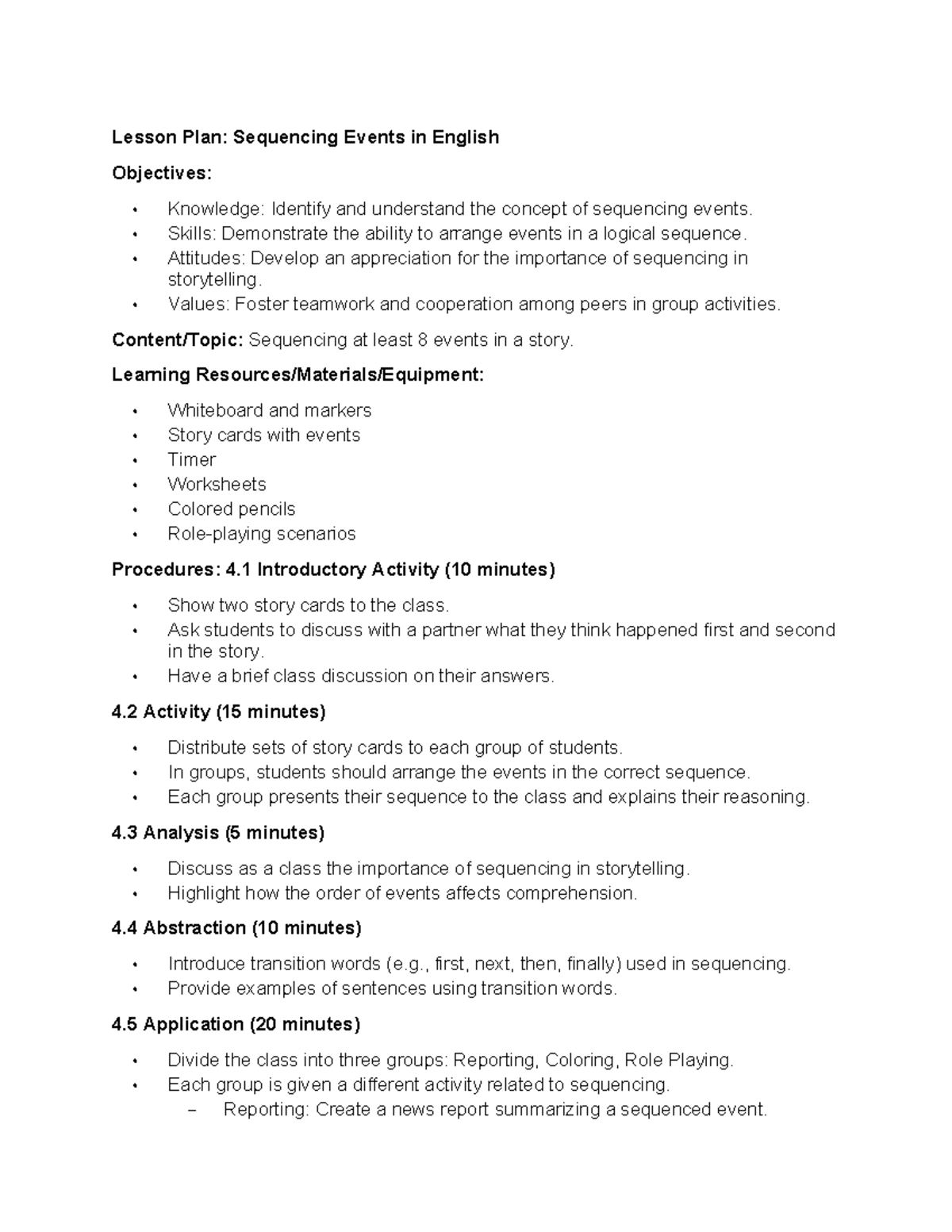 Lesson Plan: Sequencing 8 Events in a Story for English Class - Studocu