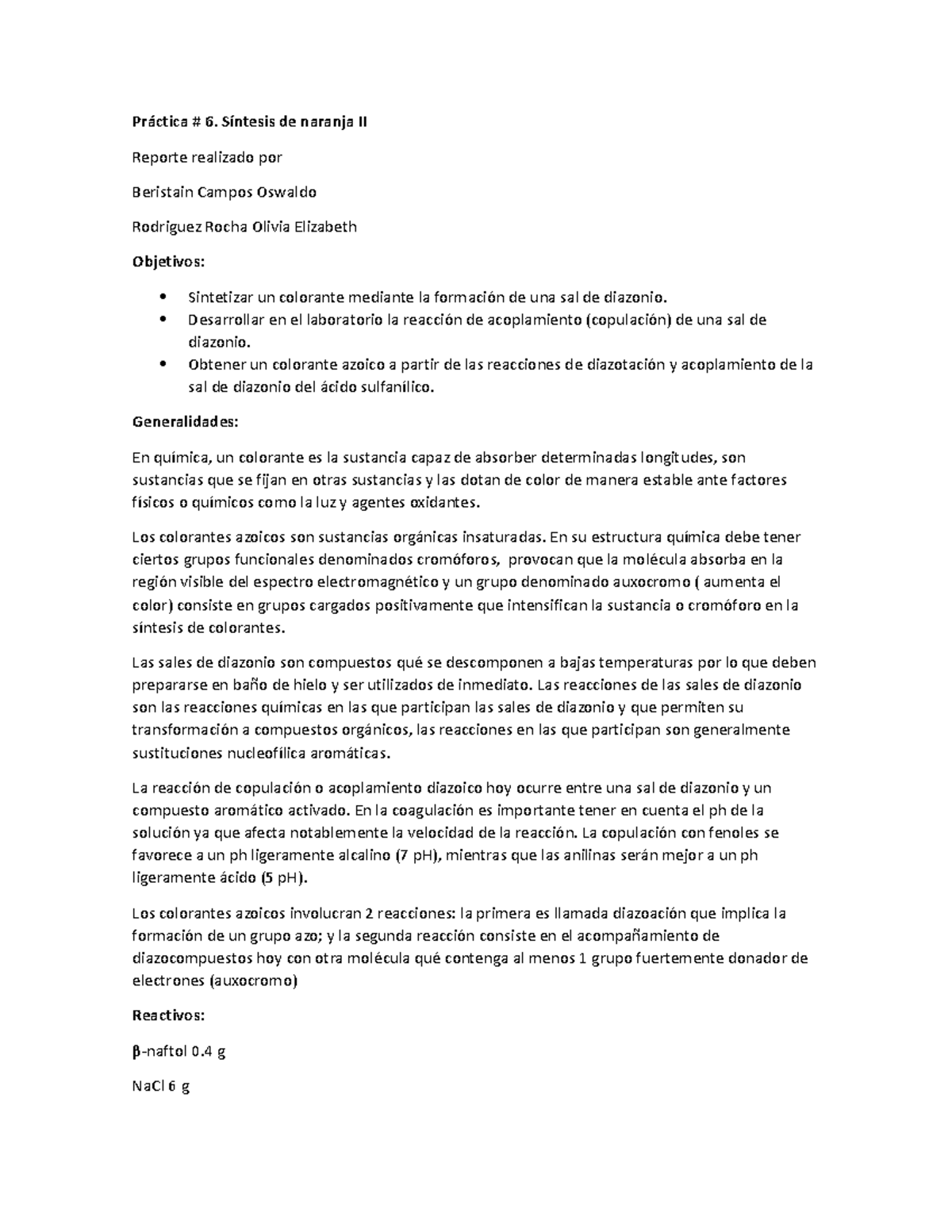 Síntesis del Colorante Azoico Naranja II - Práctica #6 - Studocu