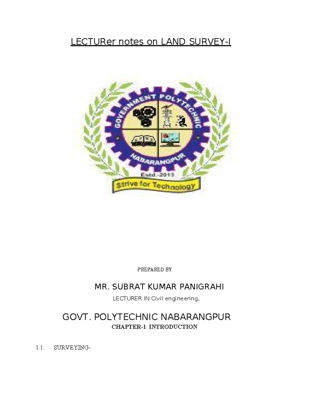 LECTURE NOTES ON LAND SURVEYING - MR. SUBRAT KUMAR PANIGRAHI - Studocu