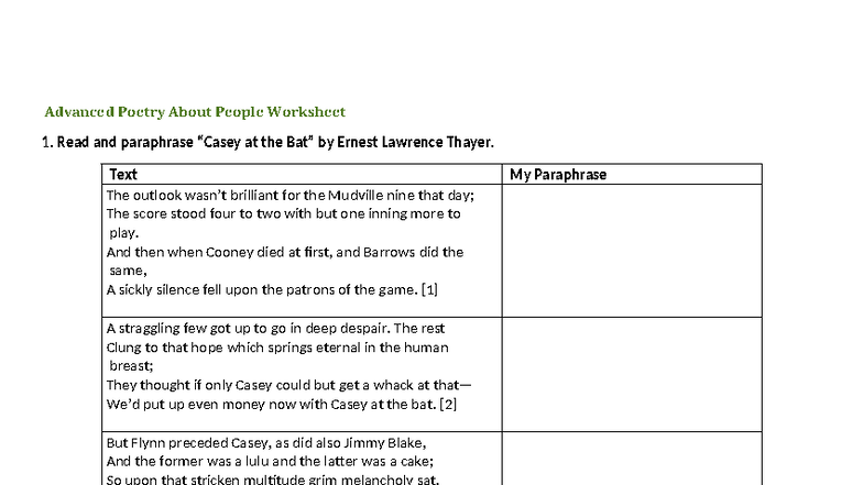 Advanced Poetry Worksheet: Paraphrasing "Casey at the Bat" - Studocu