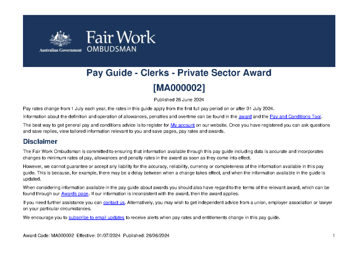G00022696 - Pay Guide for Clerks: Private Sector Award 2024 - Studocu
