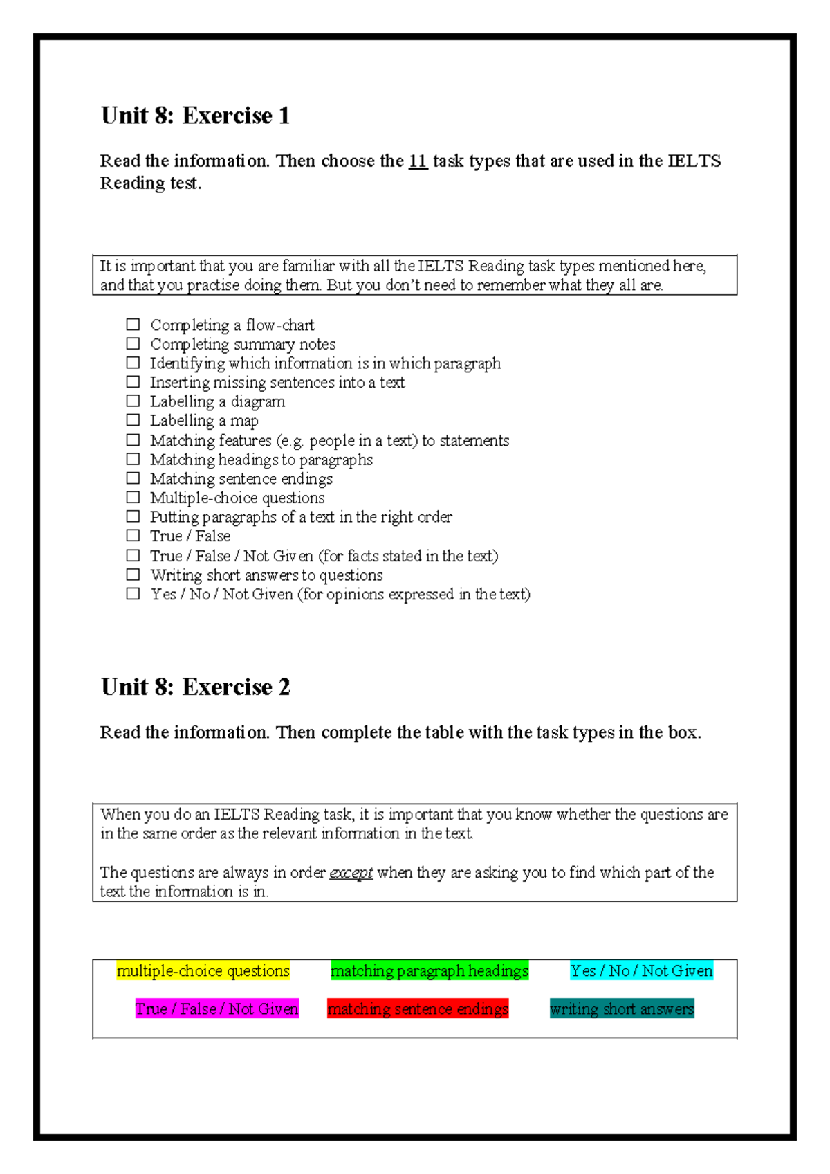 Unit 8 - Reading - English - Unit 8: Exercise 1 Read the information ...