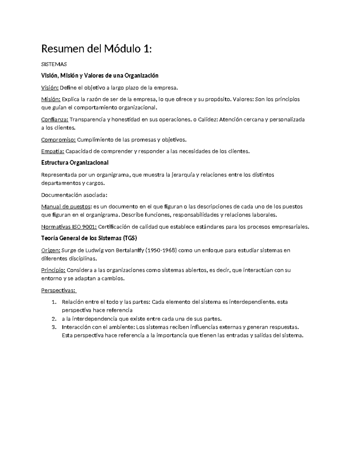 Resumen Sistema M1 Y M2 - Resumen del Módulo 1: SISTEMAS Visión, Misión y Valores de una - Studocu