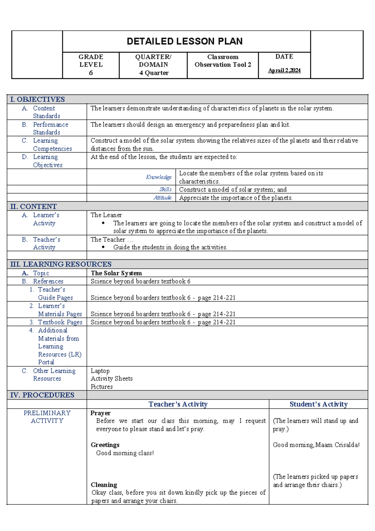 Grade 6 Science Lesson Plan: Exploring the Solar System - Studocu
