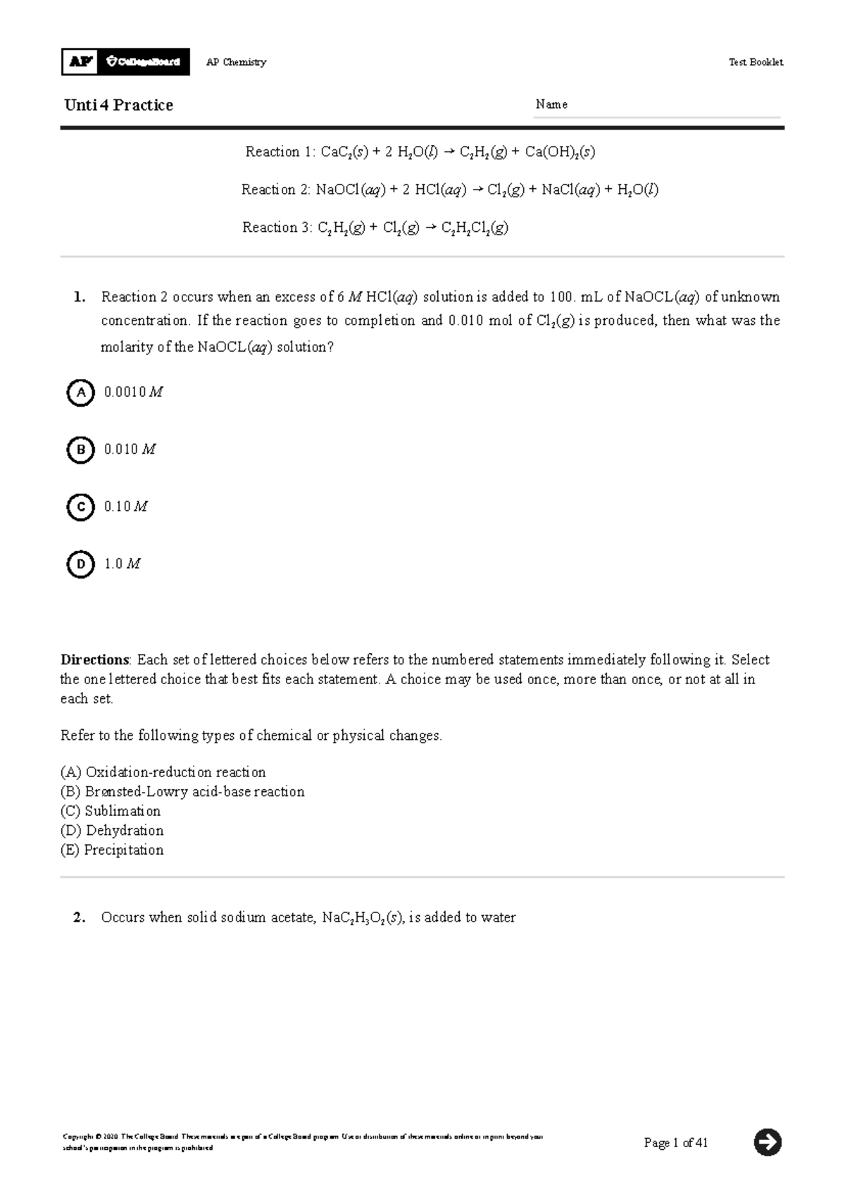 AP Chemistry Unit 4 Practice Test Questions - Studocu