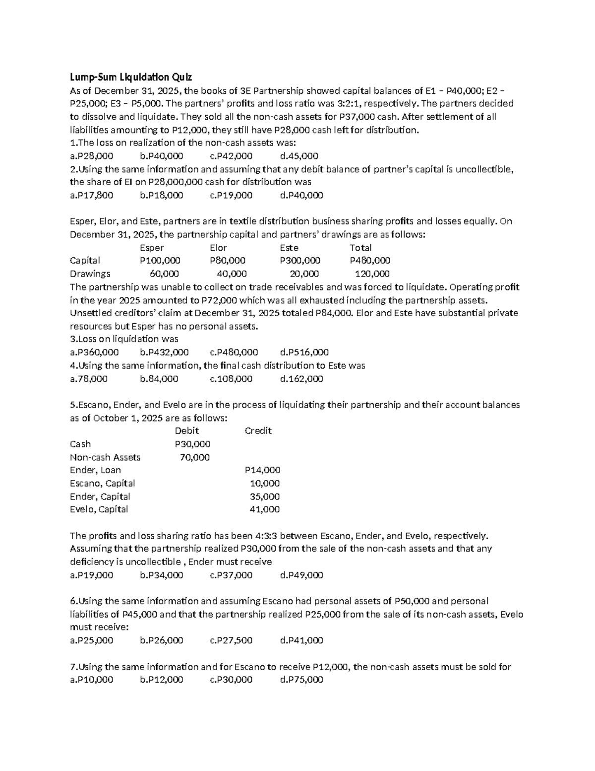 Lump-Sum Liquidation Quiz for 3E Partnership (2025) - Studocu