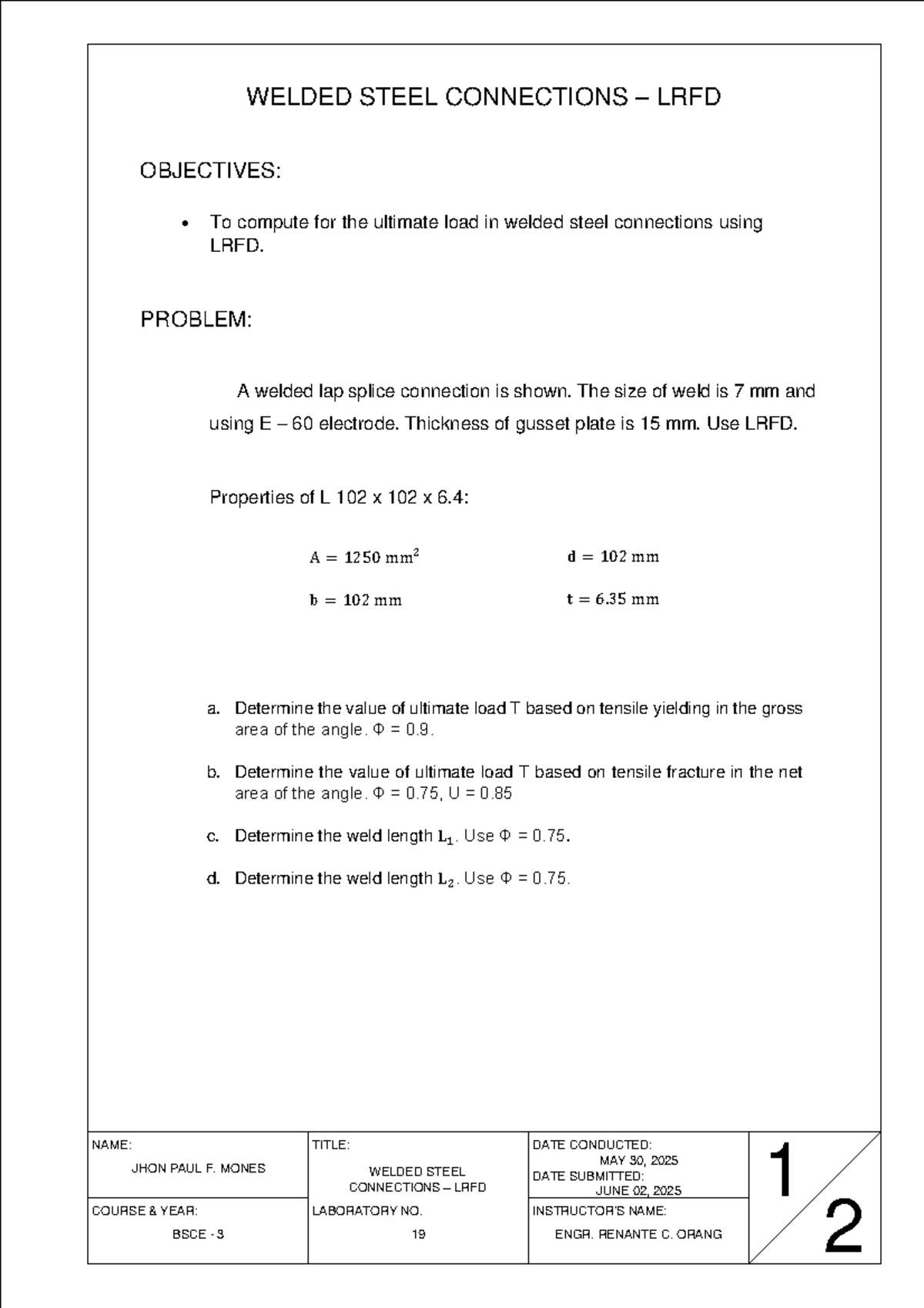 WELDED STEEL CONNECTIONS LRFD LAB 19: Ultimate Load Computation - Studocu