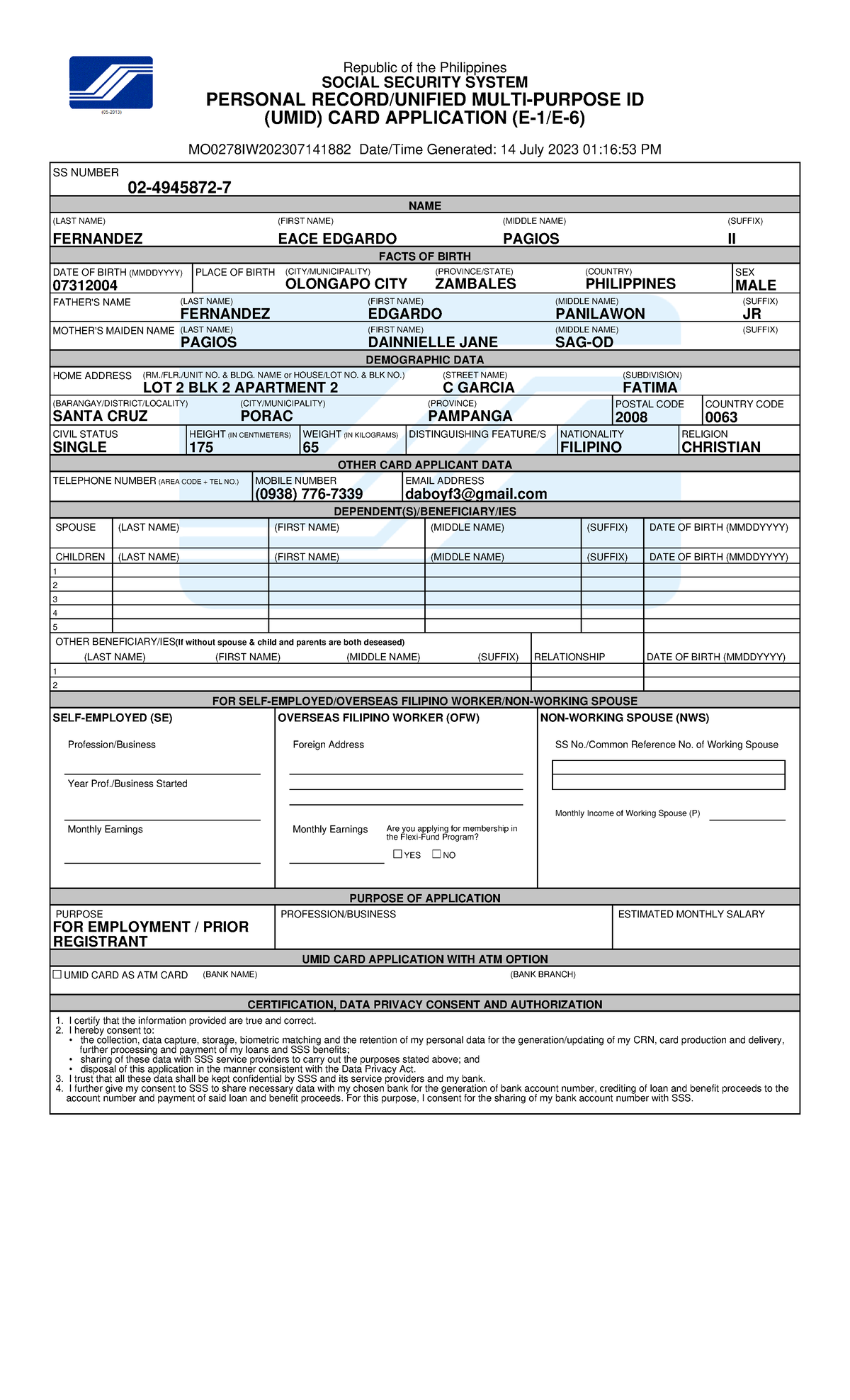 UMID Card Application Form (E-1/E-6) for Edgardo II Fernandez - Studocu