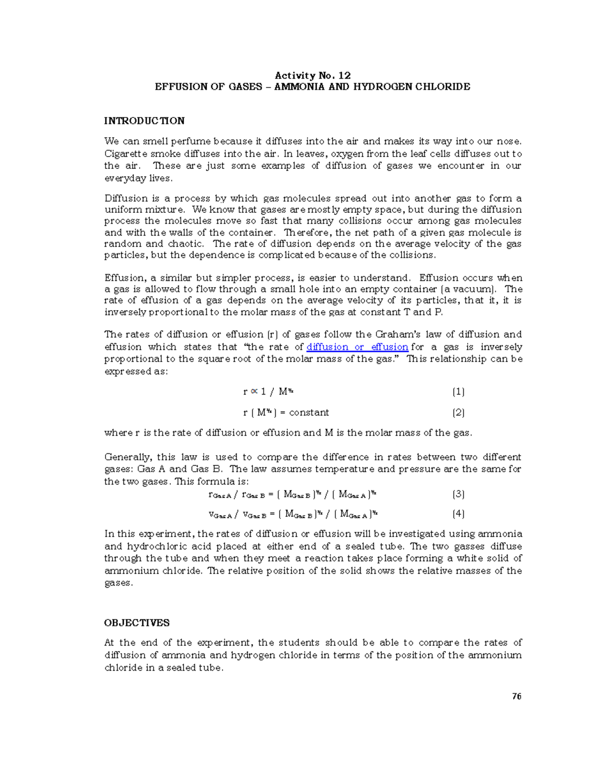 Activity 12 - Examining Effusion of Gases: Ammonia & HCl - Studocu