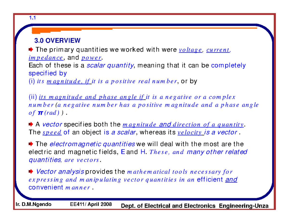EEE 4021 Chapter Notes: Overview of Vector Algebra and Analysis - Studocu